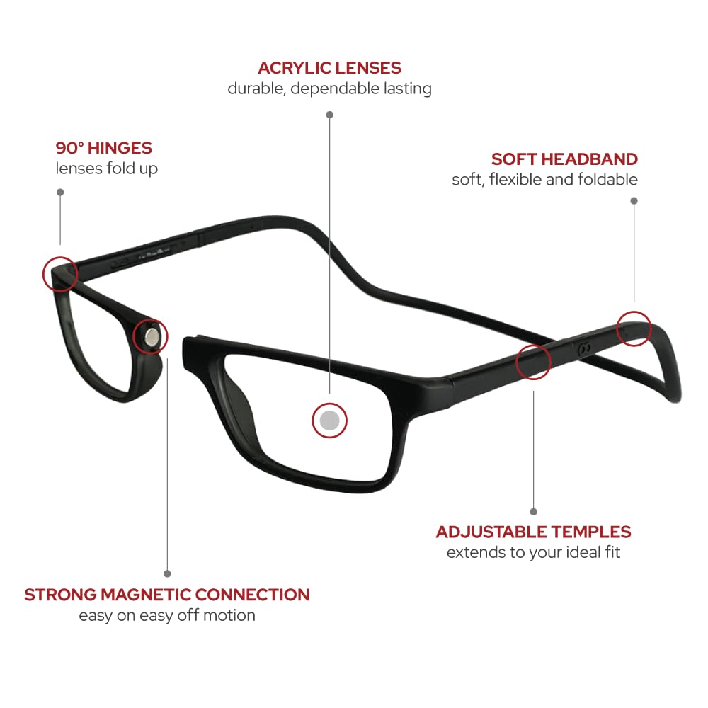 Clic Magnetic Reading Glasses by Slastik, Computer Readers, Soft Foldable Band, Replaceable Lens, Adjustable Temples, Nashi, (S-XL, Black, 1.75 Magnification)