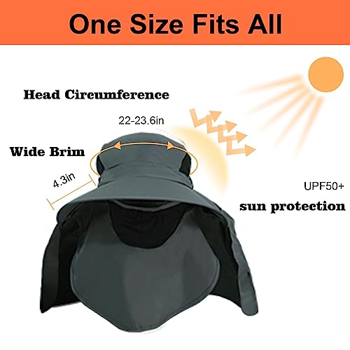 Fishing-Sun Hat Men UV-Protection Neck-Flap - Bucket Hat with Removable Face Cover & Neck Flap Wide Brim UPF 50+ Hiking Hat for Men and Women,Grey