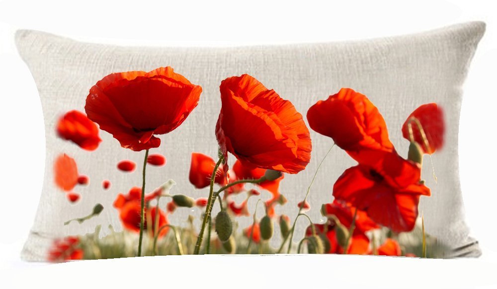 Queen's designer Enchanting Beautiful Red Poppy Flowers Garden Gift Anniversary Day Present Cotton Linen Home Office Decorative Throw Waist Lumbar Pillow Case Cushion Cover Rectangle 12 X 20 Inches