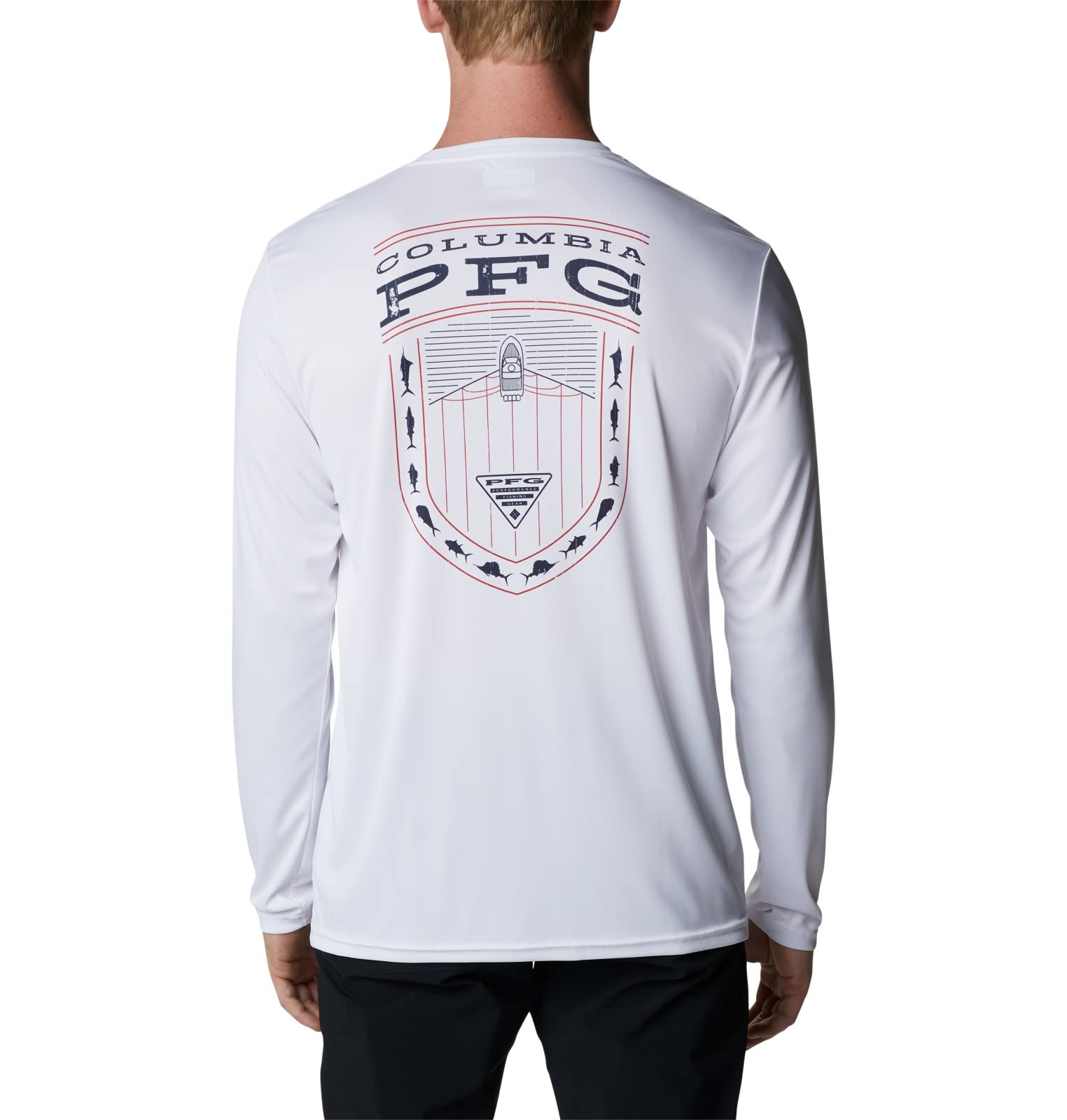 Columbia Men's Terminal Tackle PFG Americana Badge Long Sleeve, Collegiate Navy/Saltwater, X-Large