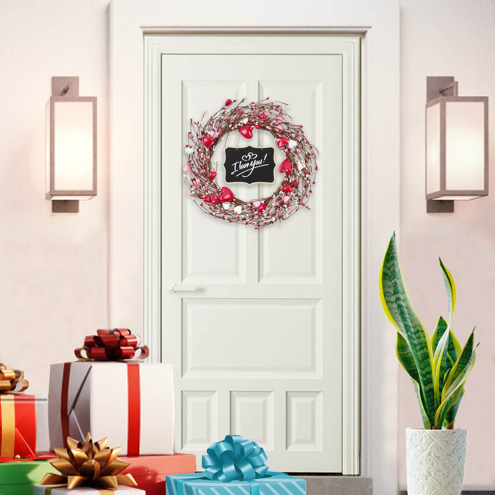 Mothers Day Decorations - 18'' Front Door Wreath, Heart Shaped Wreath Red Pip Berry Rustic Twig Wooden Sign Anniversary Wedding Home Office Wall Decorations (Red)