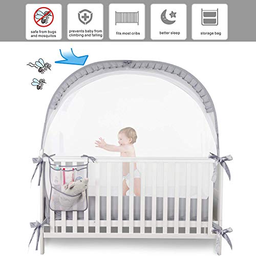 ZXPLO Baby Safety Crib Tent Infant Pop up Mosquito Net Nursery Bed Canopy Netting Cover - Keep Baby from Climbing Out with Hanging Diaper Storage Bag (Gray)