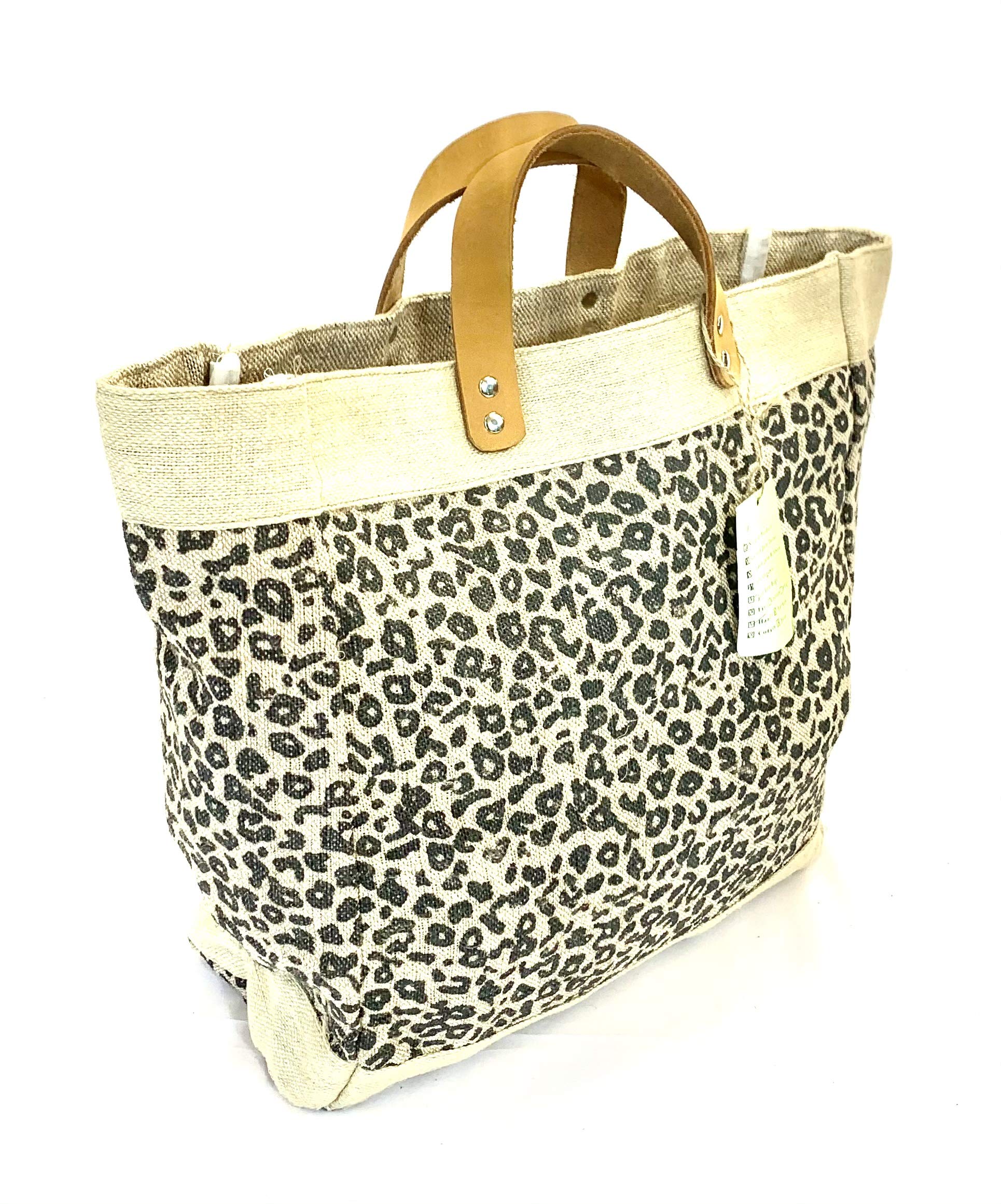 Burlap tote Bag with Leather handle, Animal print Size : 14" X 11" X 6", Thick burlap canvas women hand bags