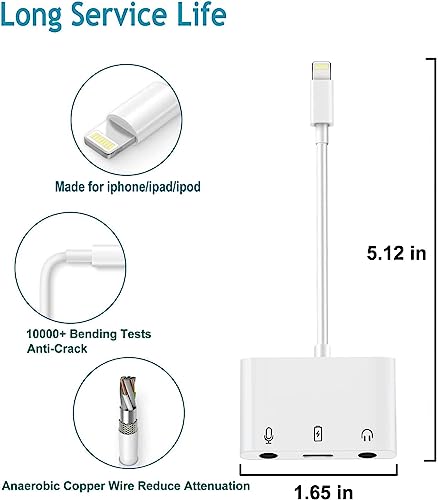iPhone Microphone Adapter for Live-Streaming Lightning to Microphone & 3.5mm Headphone Adapter with Charging Port iPhone Audio & MIC Splitter Compatible with iPhone 14 13 12 11 SE X 8 7 Plug and Play