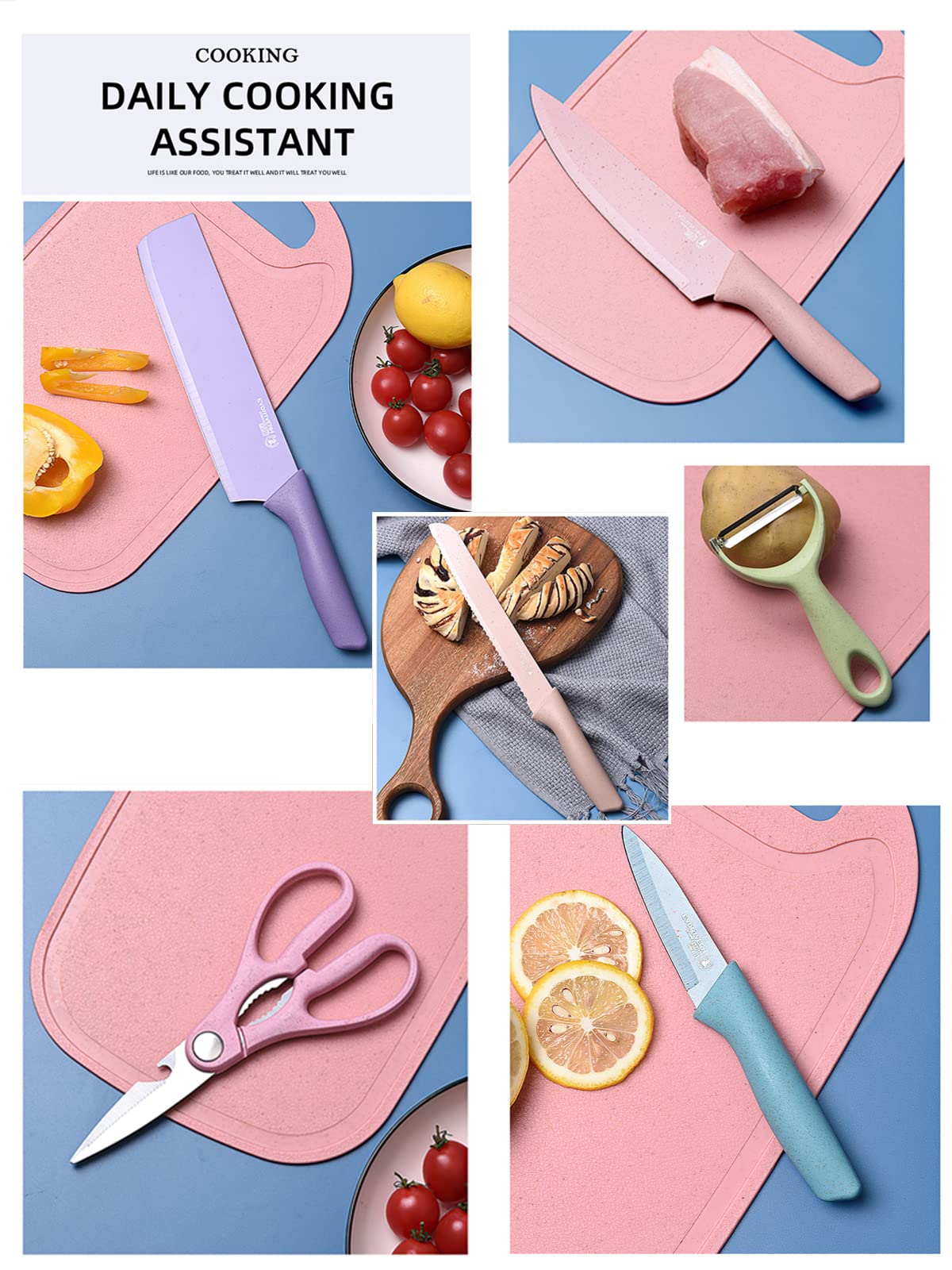 Colorful Kitchen Knives Set of 6 PCS Cute Fruit Knife Set with Gift Box,High Carbon Steel Kitchen Knife Set without Block, Environmental Wheat Straw Material Handle, Sharp Professional Chef Knife