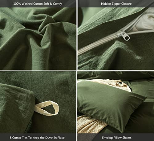 MooMee Bedding Duvet Cover Set 100% Washed Cotton Linen Like Textured Breathable Durable Soft Comfy (Olive Green, Queen)