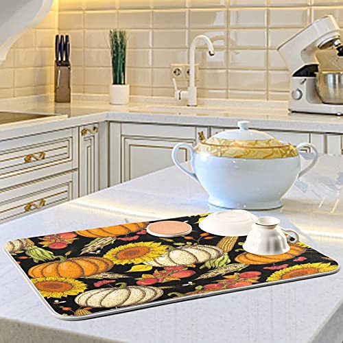 Summer Sunflowers Dish Drying Mat for Kitchen Counter 16x18 In Pumpkins Reversible Cute Sunflowers Tableware Pad Dish Drainer Rack Mats Fast Absorbent Kitchen Accessories for Countertop Sink