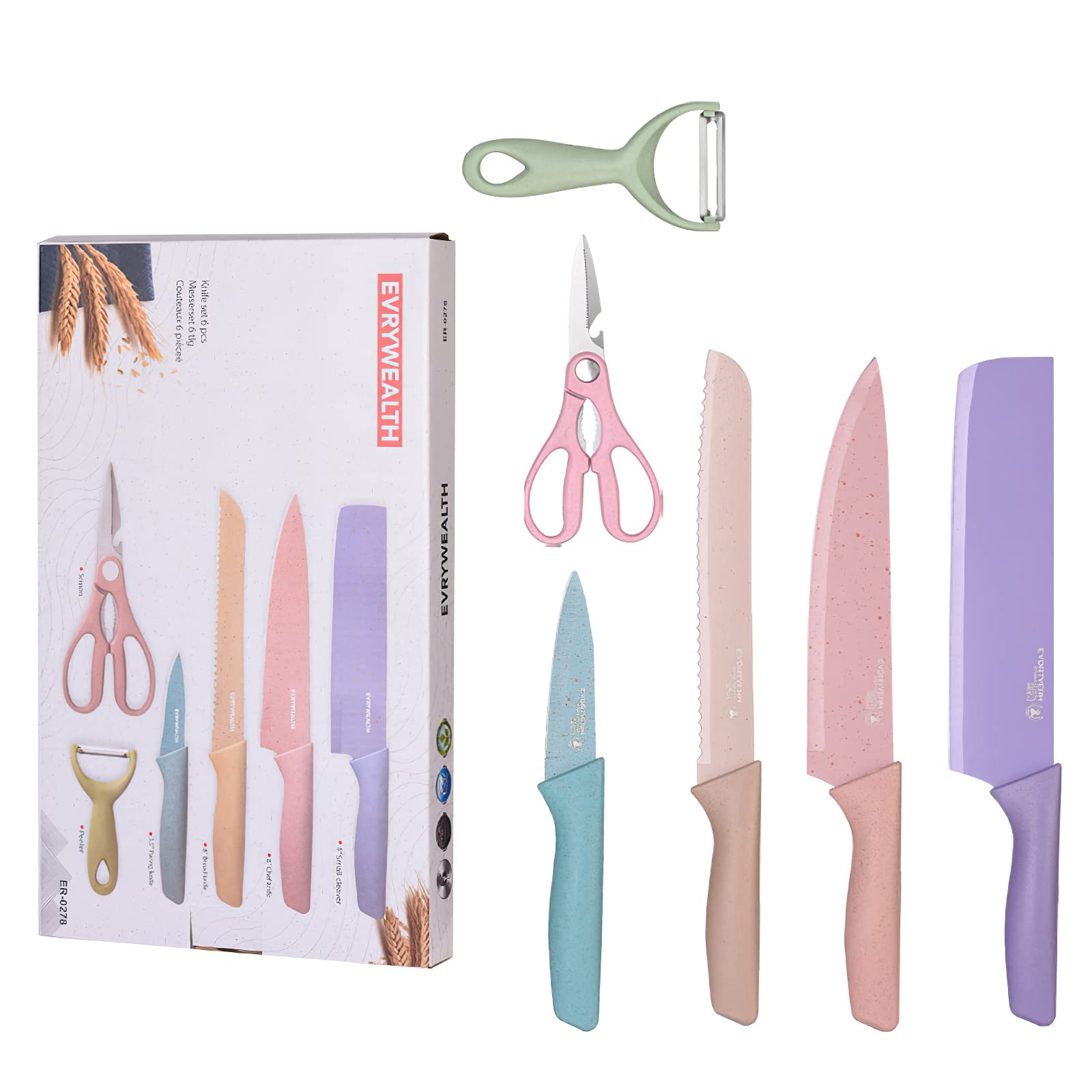 Colorful Kitchen Knives Set of 6 PCS Cute Fruit Knife Set with Gift Box,High Carbon Steel Kitchen Knife Set without Block, Environmental Wheat Straw Material Handle, Sharp Professional Chef Knife