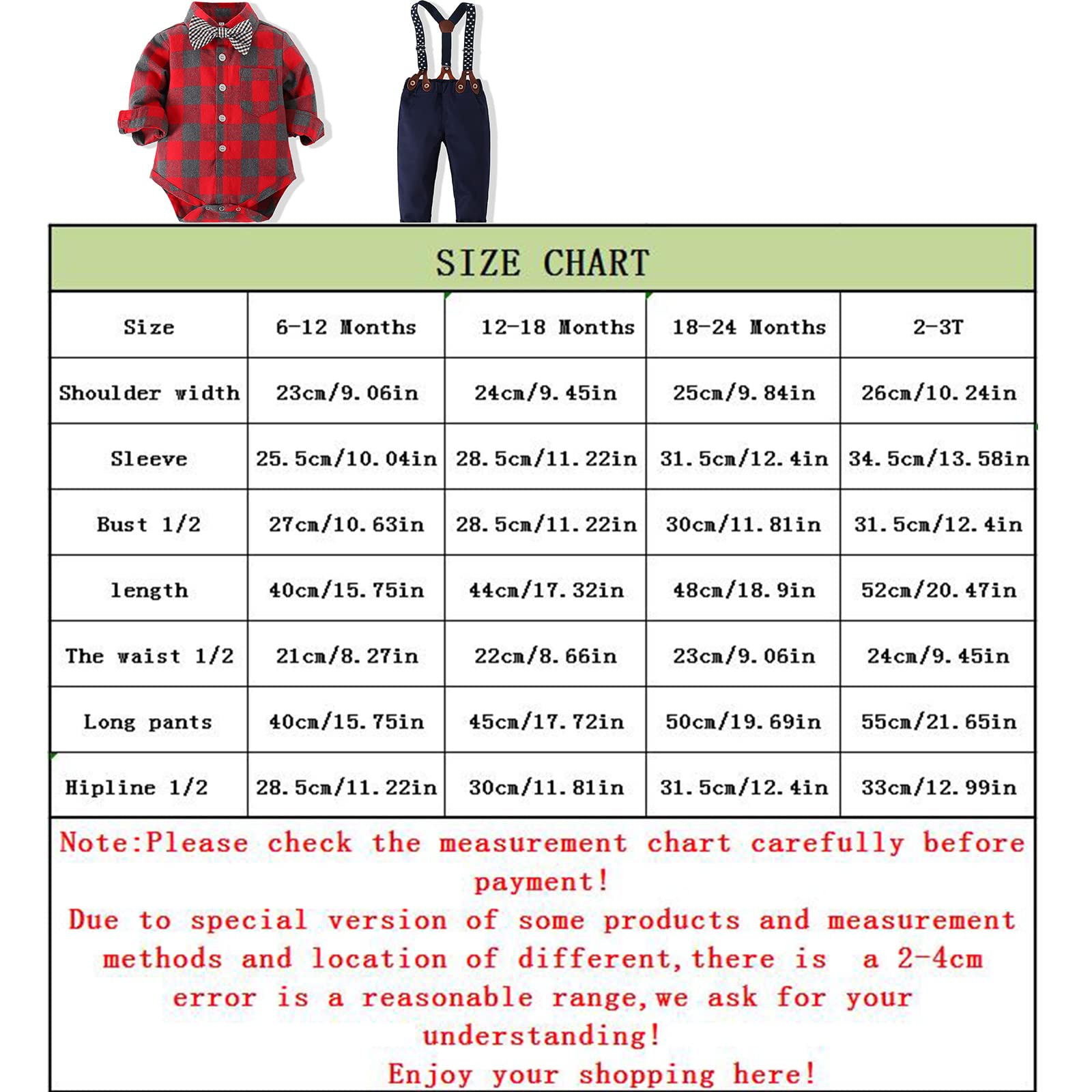 Kimocat Baby Boys Gentleman Outfits Suits Long Sleeve Shirt Suspenders Pants Bow Tie Clothes Set (Red plaid, 18-24 Months)