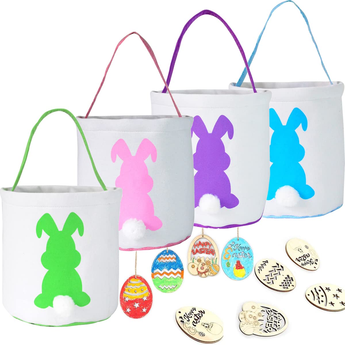 Easter Baskets 4Pack Egg Hunt Basket Bags Bunny Rabbit Canvas Tote - Cotton Carrying ,Come with Wooden Hanging Easter Decor(Blue, Pink, Purple, Green)