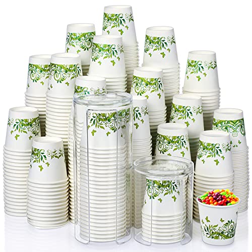 Irenare 500 Pack 2 oz Paper Cups with 2 Pcs Paper Cup Dispenser Disposable Bathroom Mouthwash Cups Green Leaf Small Hot Cold Beverage Drinking Cups for Home Kitchen Holiday Party Event Picnic Travel