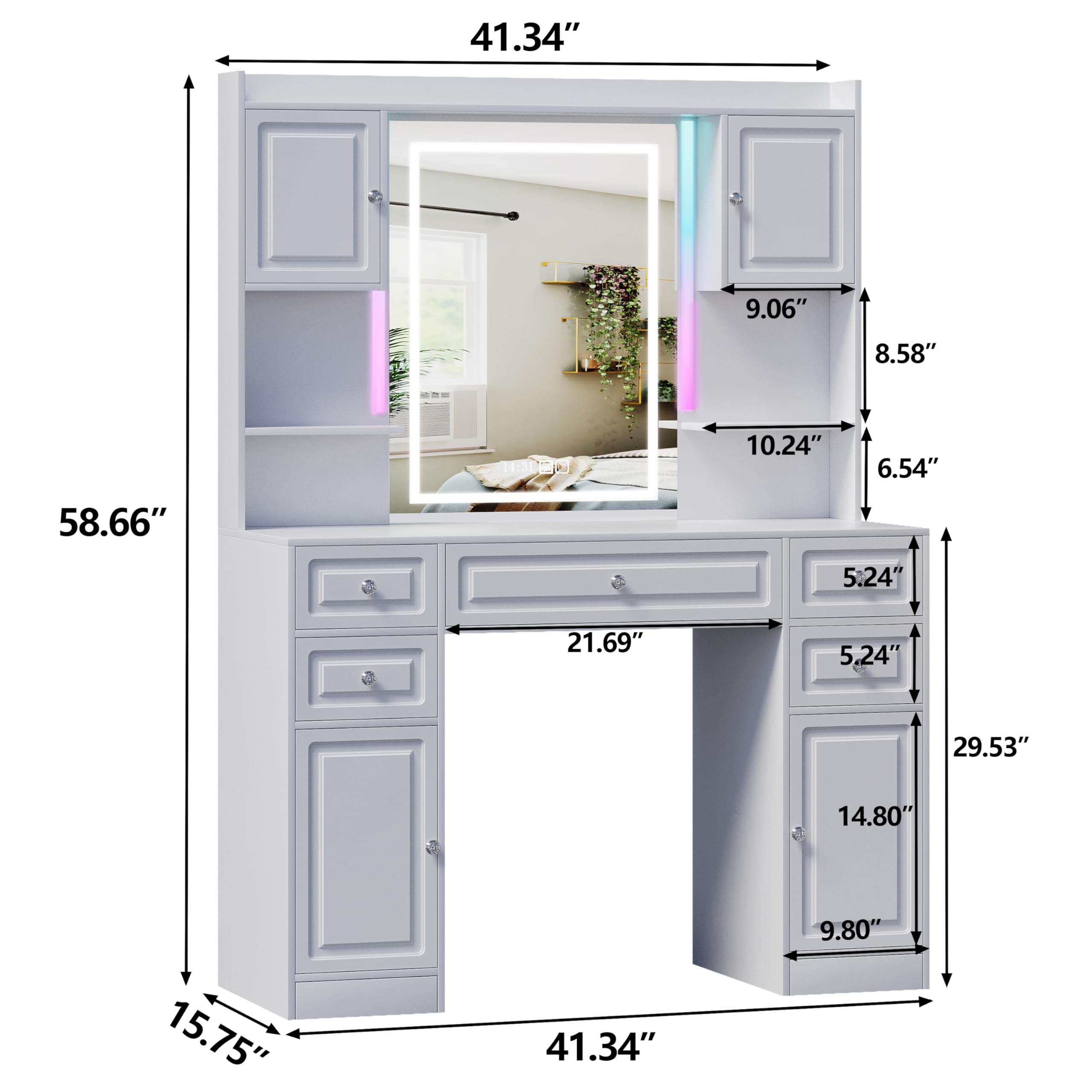 GLAUBIO Makeup Vanity Desk with Lighted Mirror & Cabinets,Makeup Vanity Set with 3 Color Modes, Brightness Adjustable Vanity Table with Drawer,White