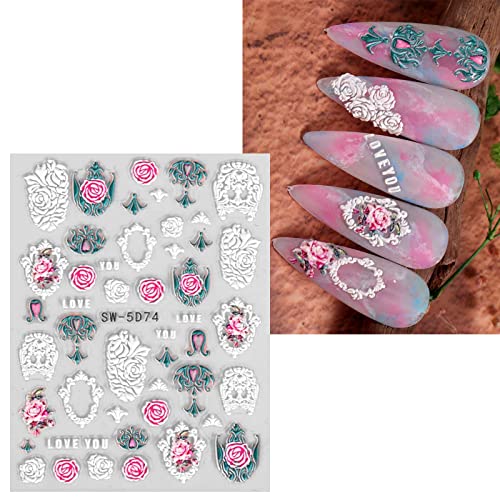 JMEOWIO 3D Spring Embossed Flower Nail Art Stickers Decals Self-Adhesive Pegatinas Uñas 5D Floral Nail Supplies Nail Art Design Decoration Accessories 5 Sheets