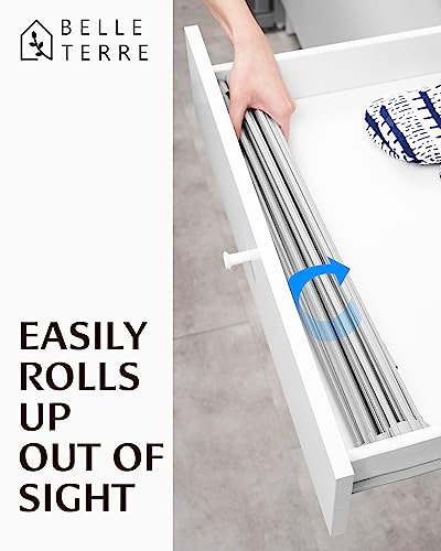 Large Dish Drying Rack for Kitchen Sink - Over Sink Dish Drying Rack to Dry Dishes & Drain Items - Modern & Stylish Dish Rack Set with Extra Side Tray - Space-Saving Roll-Up Counter Drainboard - Grey