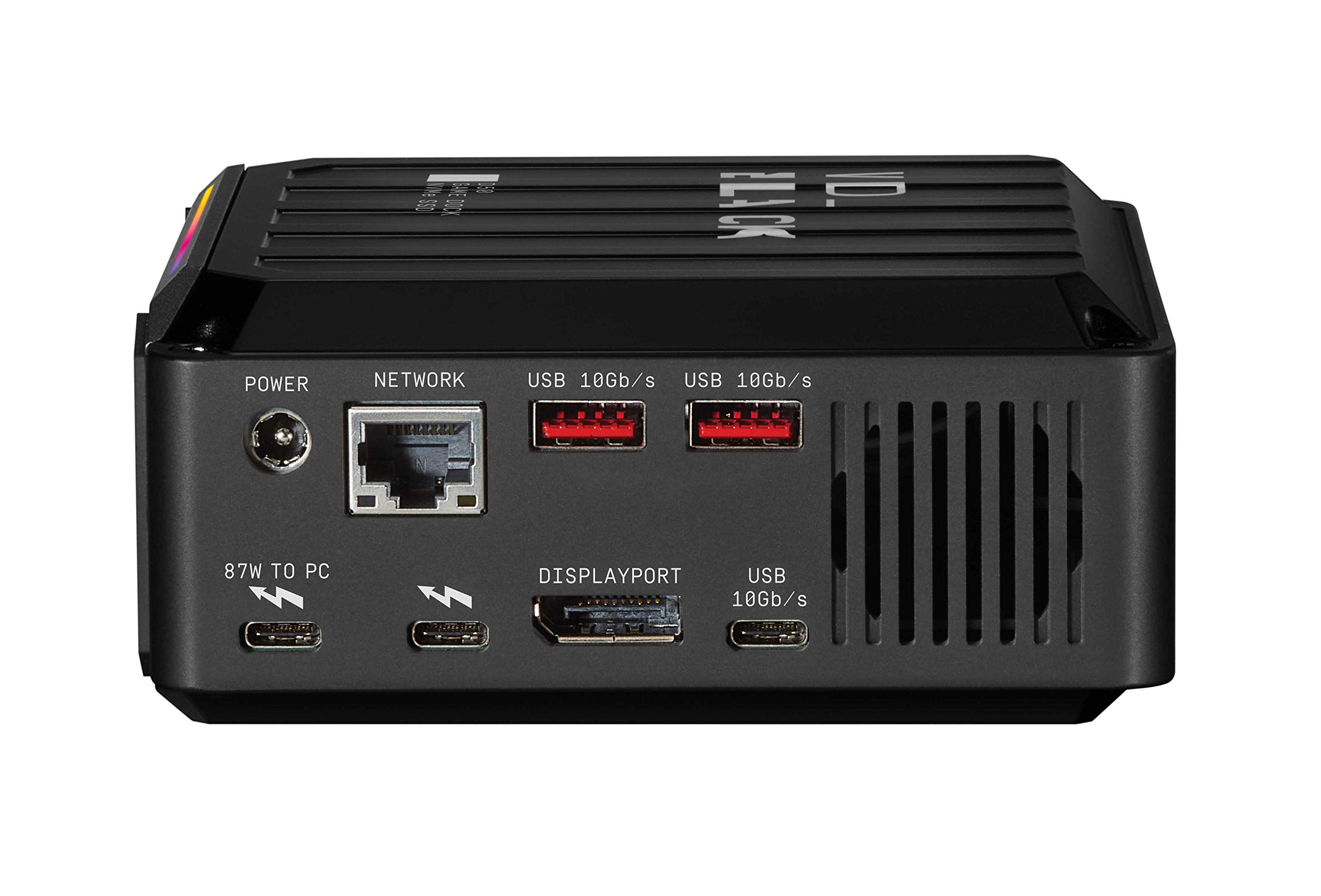 WD_Black D50 Game Dock. 2X Thunderbolt 3 Ports, DisplayPort 1.4, 2X USB-C & 3X USB-A, Audio in/Out, Gigabit Ethernet; Customizable RGB Lighting
