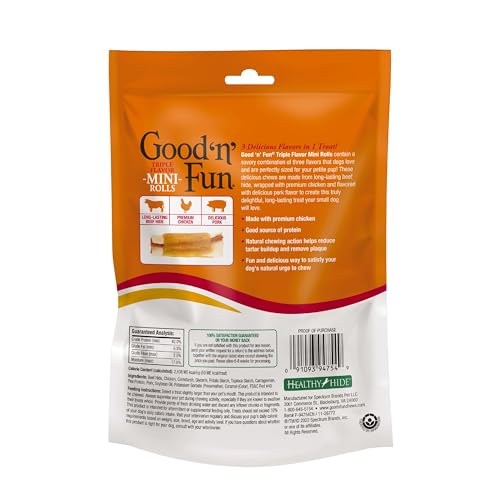 Good 'n' Fun Triple Flavor Mini Rolls, 8 Ounce, Treat Your Small Dog to a Long-Lasting Rawhide Chews