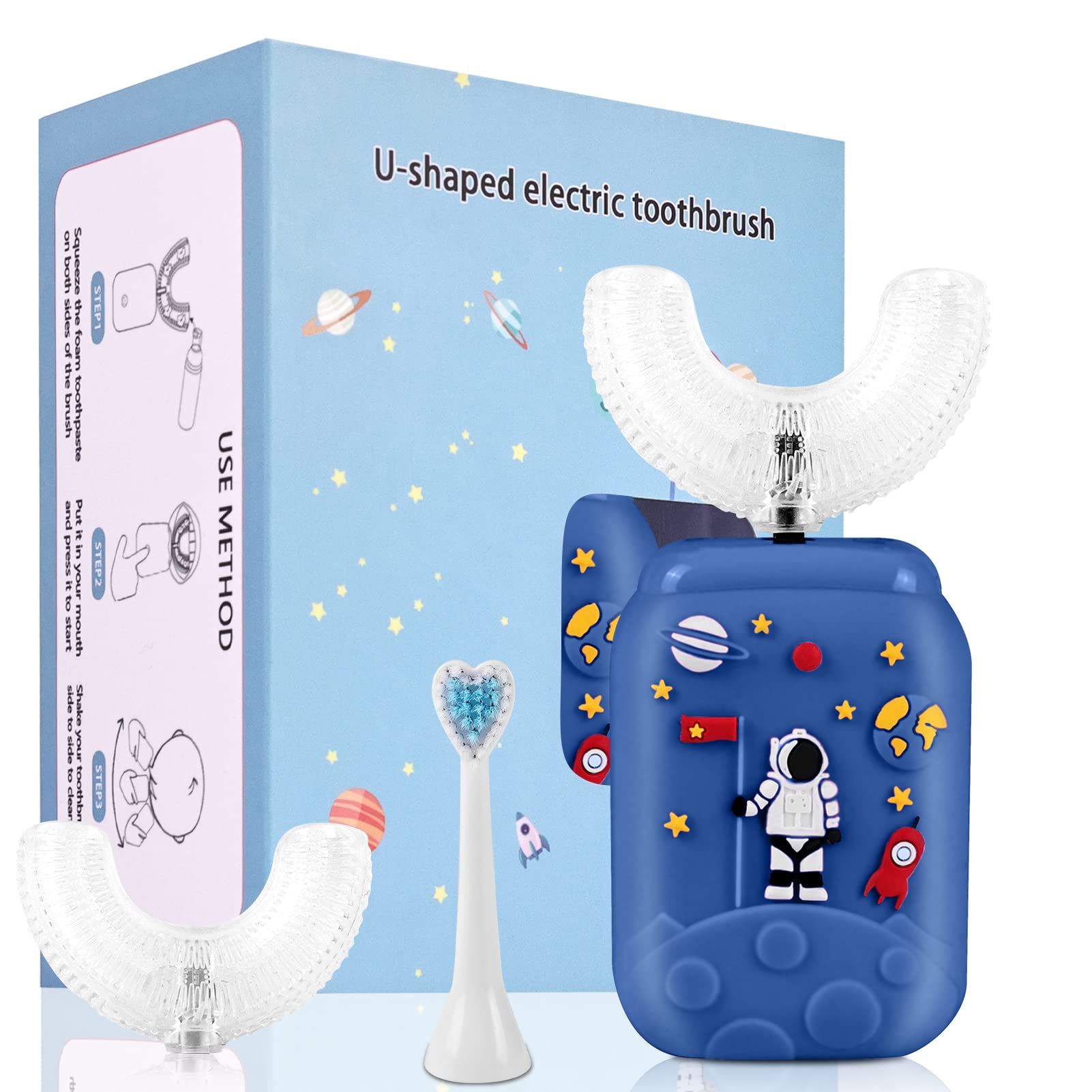 Kids U Shaped Toothbrush, Kids Automatic Toothbrush with 3 Brush Heads, 360 Ultrasonic Automatic Toothbrush Kids with 5 Modes, Ipx7 Waterproof Whole Mouth Toothbrush with Smart Timer