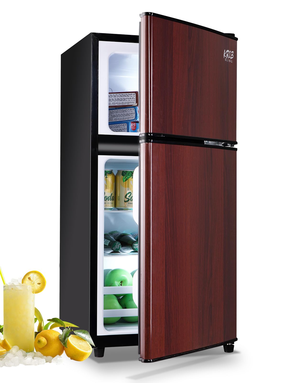 KRIB BLING 3.5 Cu.Ft Refrigerator with Freezer,Vintage Double Door,Lock Fresh Energy Saving Compa,7 Level Adjustable Thermostat ct for Dorm, Bar, Office,Kitchen, Apartment,Wood, KB02 FLS-80-WOOD