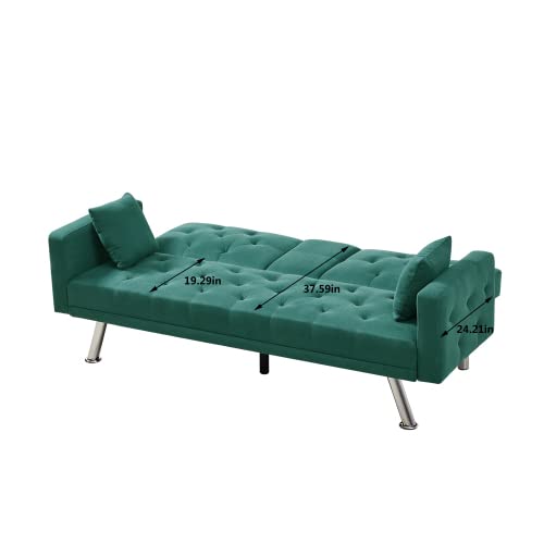Eafurn Linen Fabric Futon Sofa Bed, Button Tufted Folding Recliner Sleeper Couch Reversible Loveseat Convertible Daybed with 2 Cup Holders,75.59" W Small Splitback Sofa & Couches for Living Room