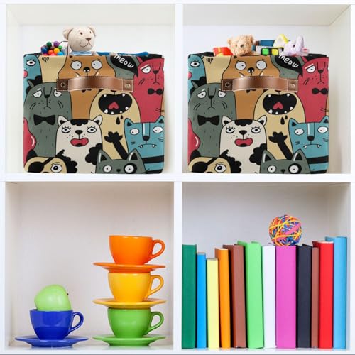 Cats Cartoon Storage Basket Bins Foldable Toy Baskets Organization with Handles Laundry Hamper for Home Boys Girls Office Closet Shelf Nursery Baskets,2 pcs
