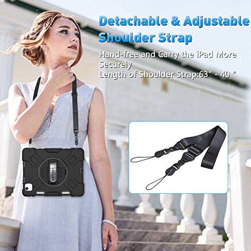 SUPFIVES Case for iPad Air 5th Generation 10.9 Inch 2022: Military Grade Silicone Protective Cover for iPad Air 4th Gen/iPad Pro 11 with Pencil Holder+ Rotating Stand+ Handle+ Shoulder Strap(Black)