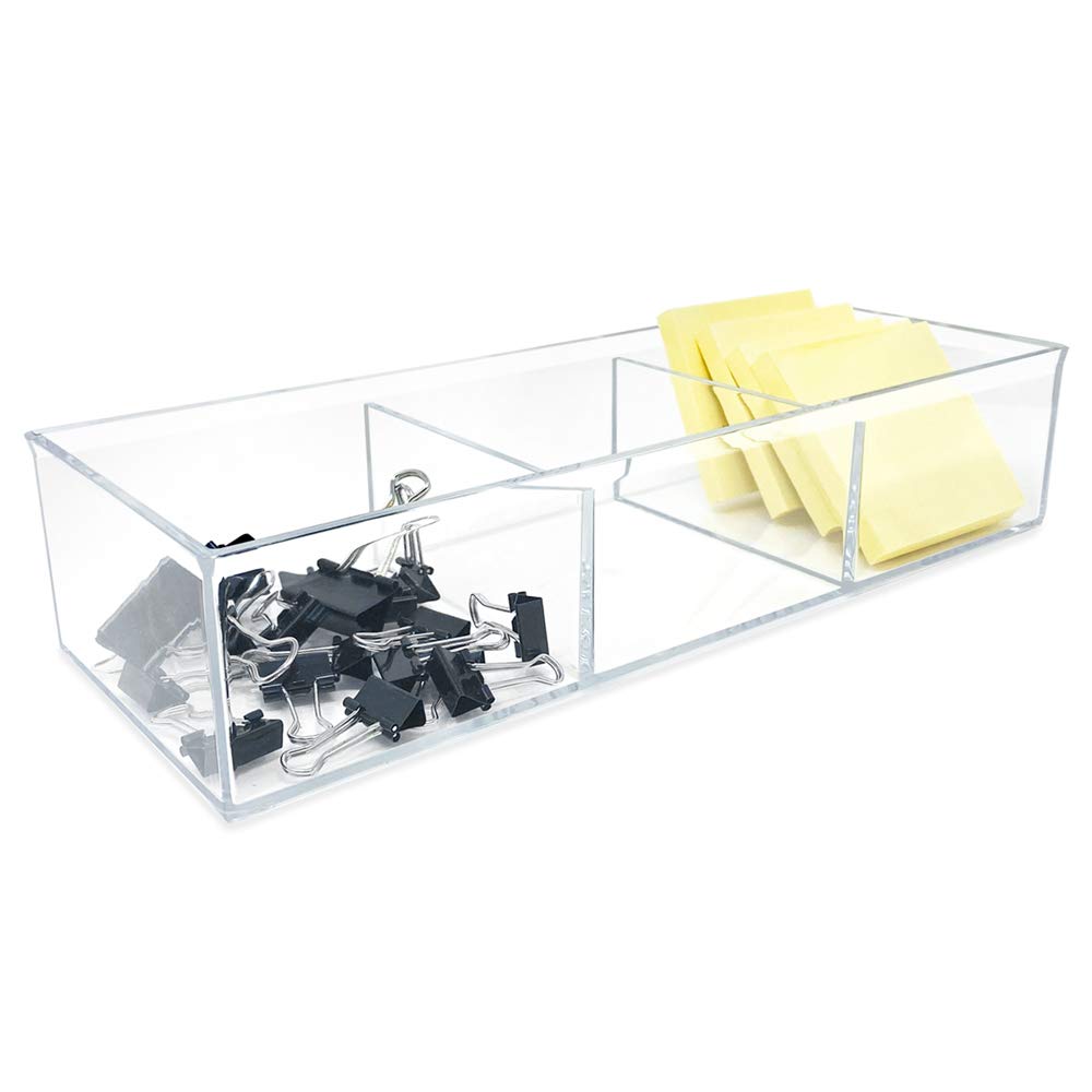 Isaac Jacobs Large 3-Compartment Acrylic Stackable Organizer (12.9" L x 5" W x 2.7" H), Multi-Sectional Tray & Storage Solution for Makeup, Craft Supplies, Bathroom, Kitchen, Office (Clear)
