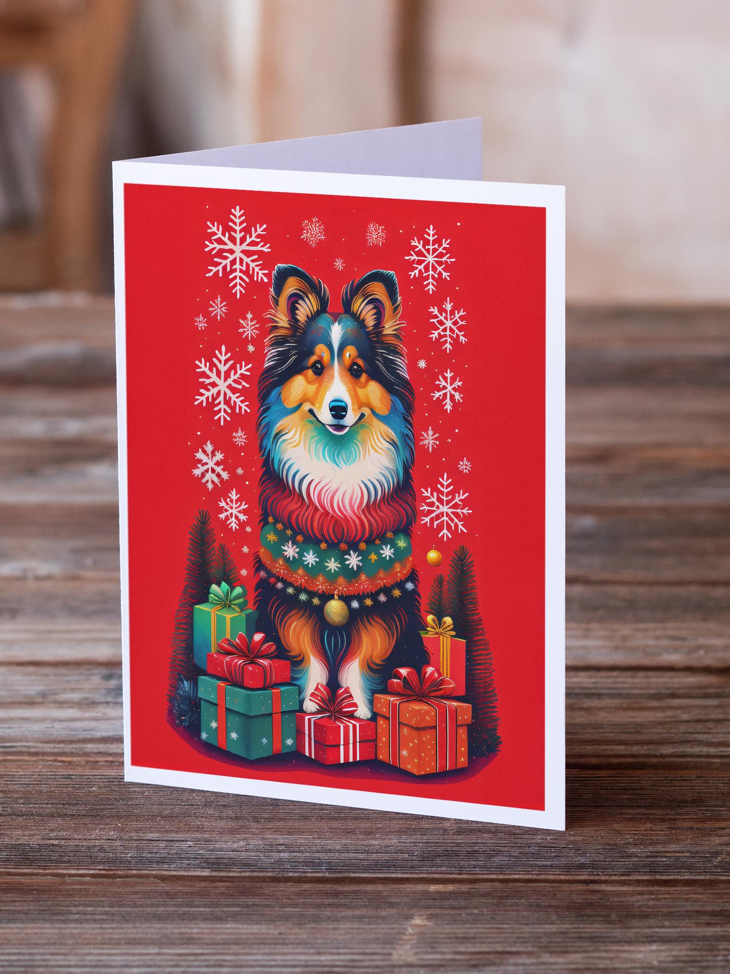 Caroline's Treasures DAC3160GCA7P Sheltie Holiday Christmas Greeting Cards Pack of 8 Blank Cards with Envelopes Whimsical A7 Size 5x7 Blank Note Cards