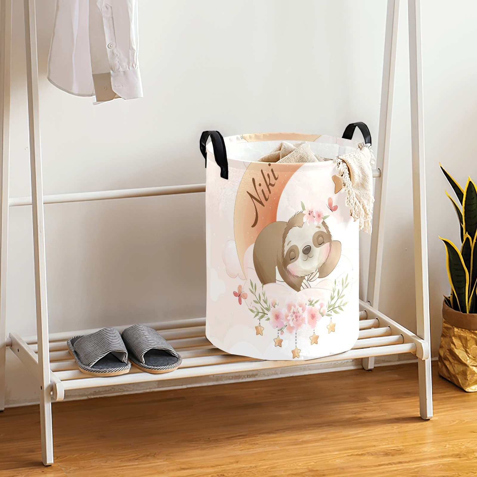 Cute Sloth Floral Round Storage Basket Personalized Name Laundry Basket Waterproof Nursery Hamper with Handle for Living Room Bedroom and Clothes