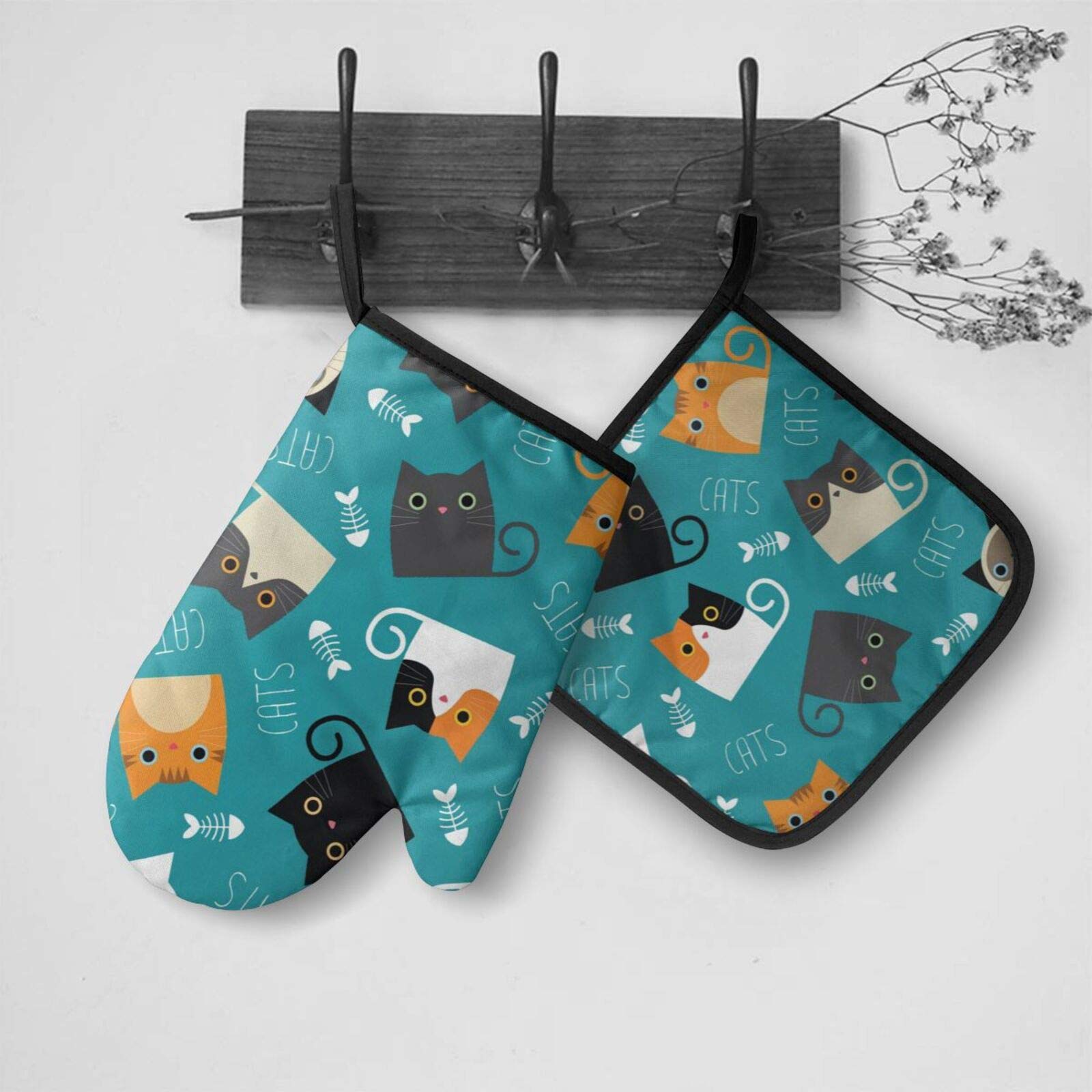 Cats Fishbone Oven Mitts and Pot Holders Set, Heat Resistant Kitchen Gloves with Inner Cotton Layer for Cooking Baking Grilling