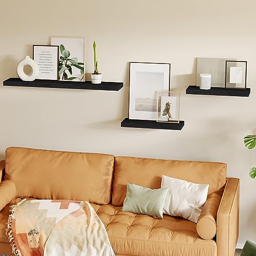 Fixwal 15.8in Floating Shelves, Rustic Wood Finish Wall Shelves Set of 4, Shelves for Wall Decor, with Invisible Brackets for Bathroom, Living Room,Bedroom and Kitchen(Black)