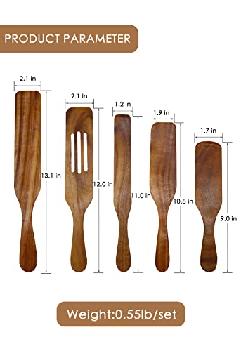 EVERQUEIN Spurtles Kitchen Tools Wooden 5pcs Cooking Utensils Set As Seen on Tv, Natural Premium Acacia Wood Spatula Slotted Spoon, Friendly for Non-Stick Cookware, Serving (Wood)