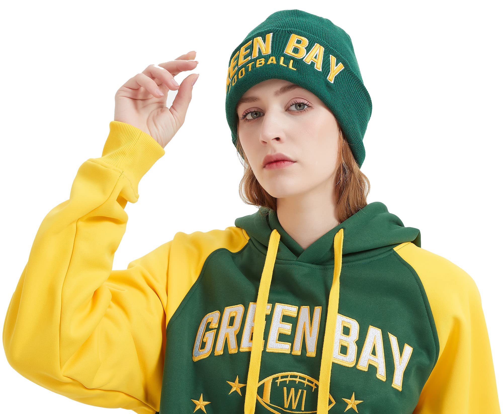 CLORPEAK Green Bay Embroidery Classic Cuff Beanie Hat Cuffed Winter Hat Knit Toque Skull Cap - Green OneSize