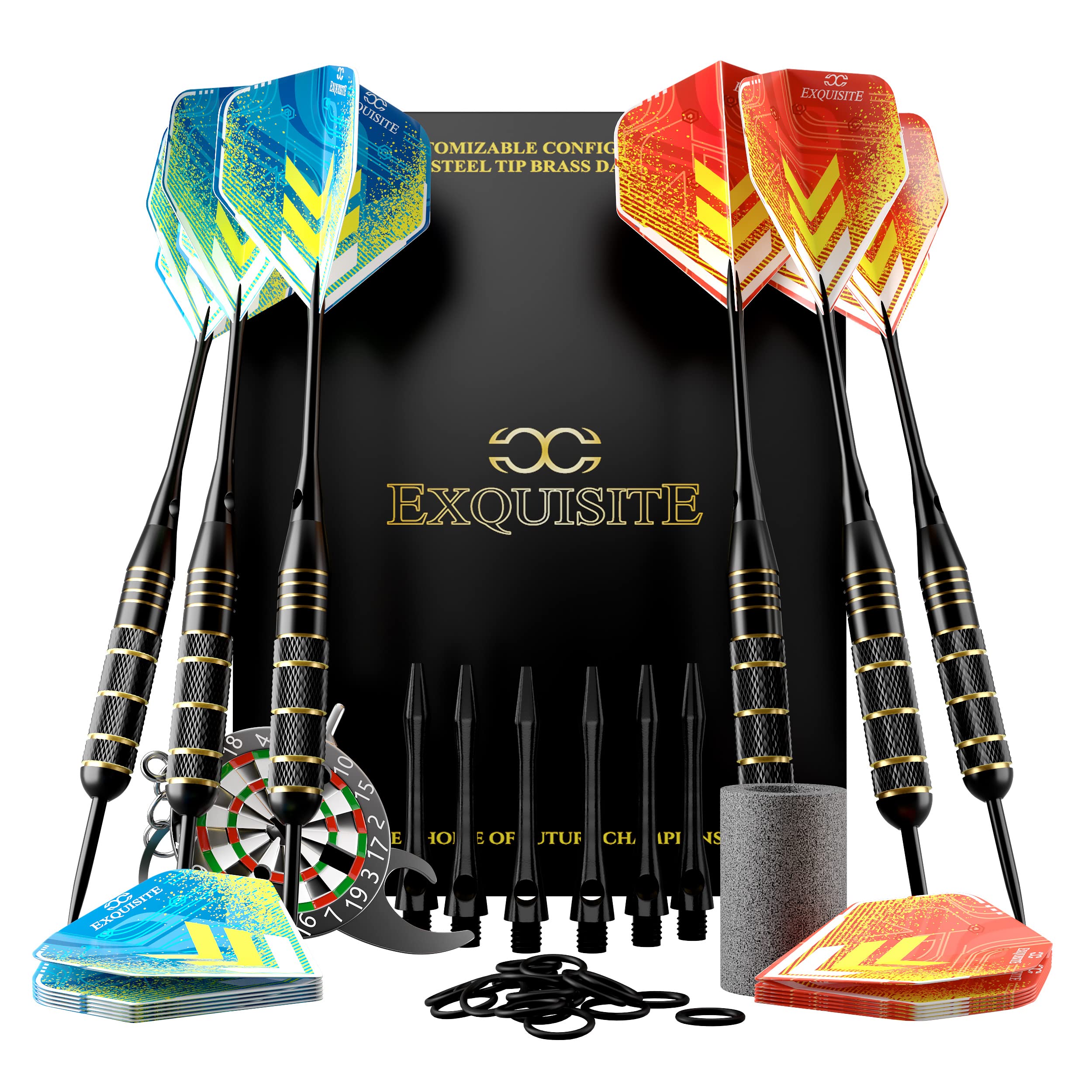 CC-Exquisite Professional Steel Tip Darts Set - 6 x 22g Brass Barrels with 12 Flights Standard/Slim, 12 Aluminum Shafts 35/48mm, 12 O-Rings, Dart Tool (Black - Luminary 18g/22)