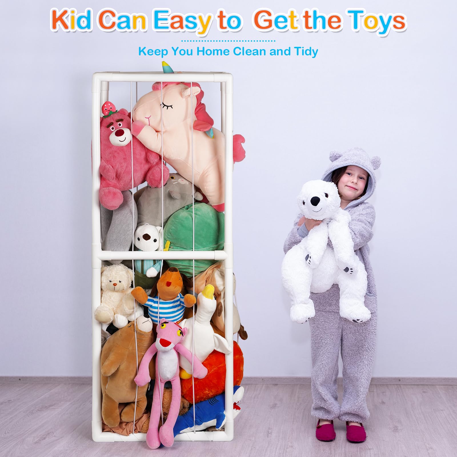 Lzttyee Stuffed Animal Storage Holder Stuffed Animal Zoo Storage Ideas Plush Storage with Bottom Net Stuffed Animal Zoo Storage Cage for Nursery Playroom Bedroom Toy Organizer (White Large)