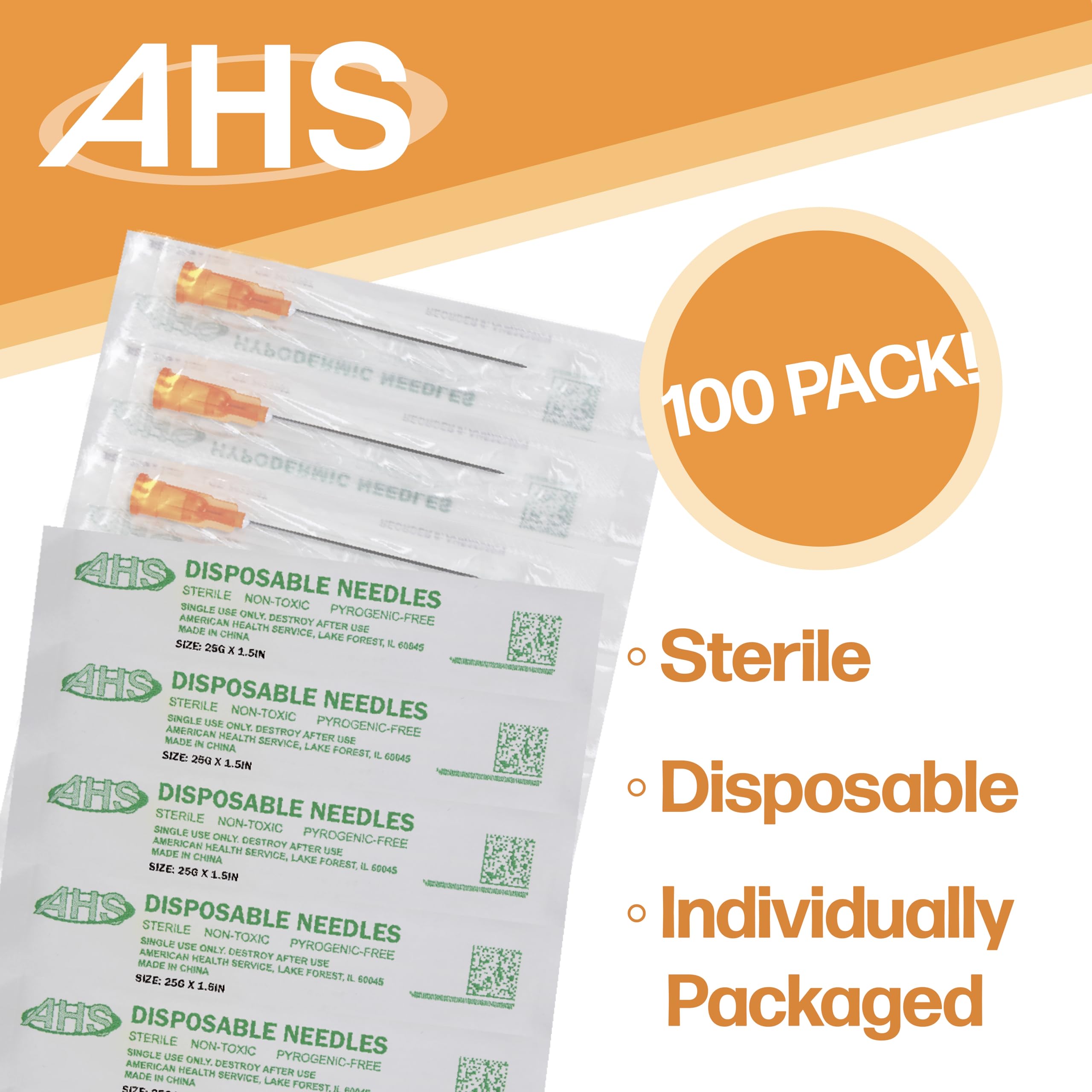 Generic 100 Pack Sterile Disposable Injection Needle with Cap for Scientific and Industrial Dispensing Needle Accessories (25G X 1.5in)