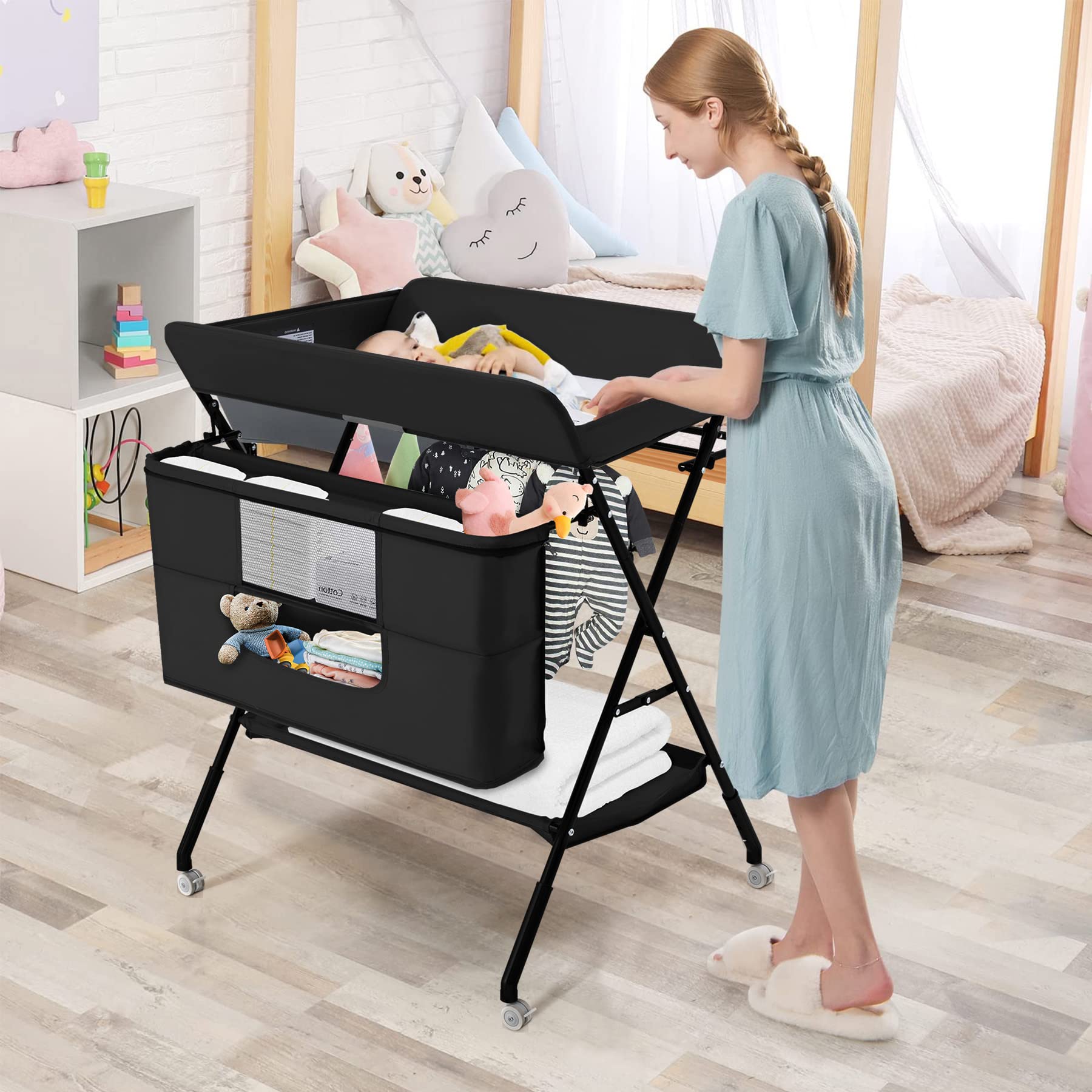 DAWNSPACES Baby Changing Tables, Portable Folding Baby Diaper Changing Table for Infant, Adjustable Height Changing Station with Nursery Organizer & Wheels, Black
