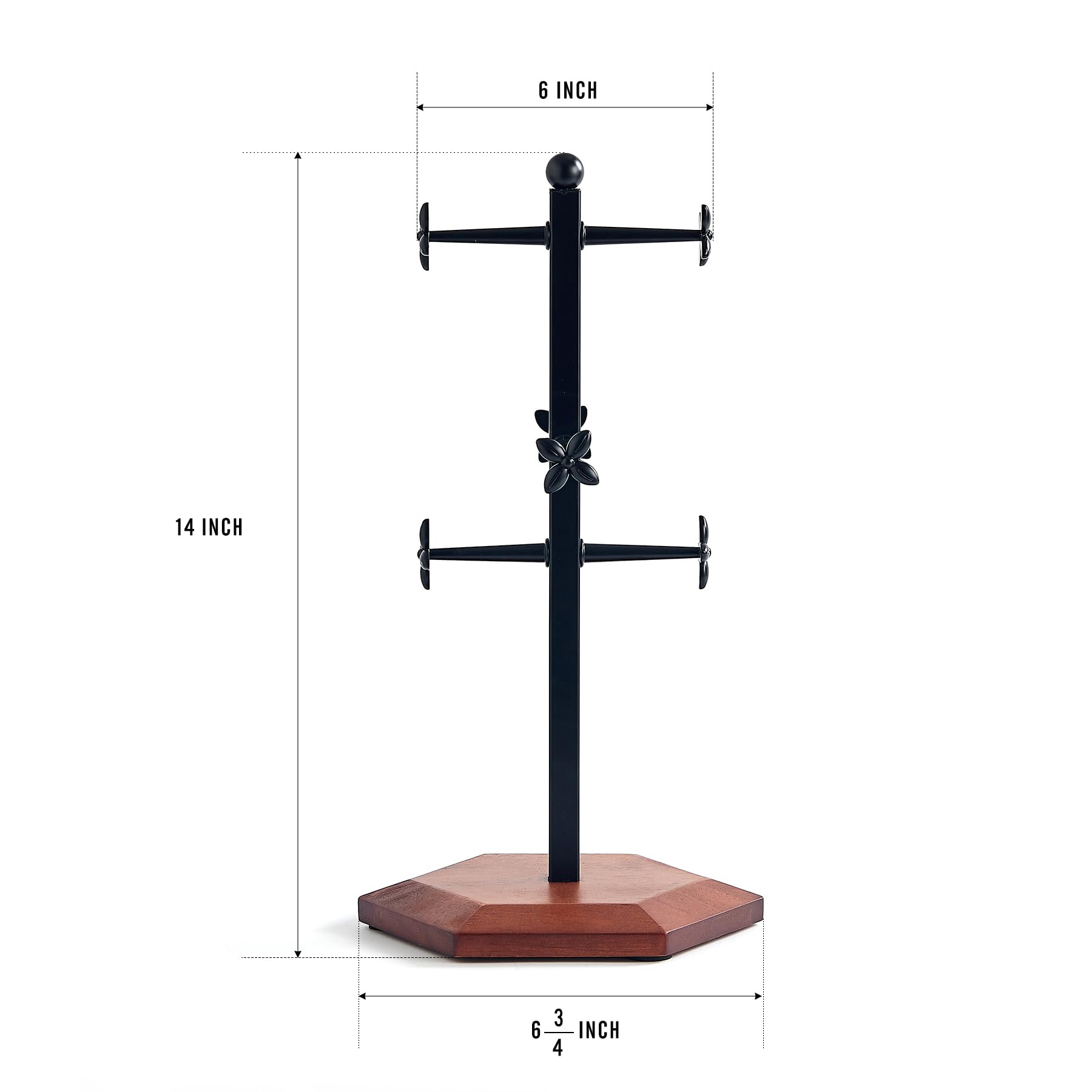 Coffee Mug Holder, Wooden Base Mug Tree for Counter, Unbreakable Metal Coffee Cup Holder with 6 Hooks, Non-Slip Coffee Mug Rack for Home Storage and Organizer, Coffee Mug Rack (Black)