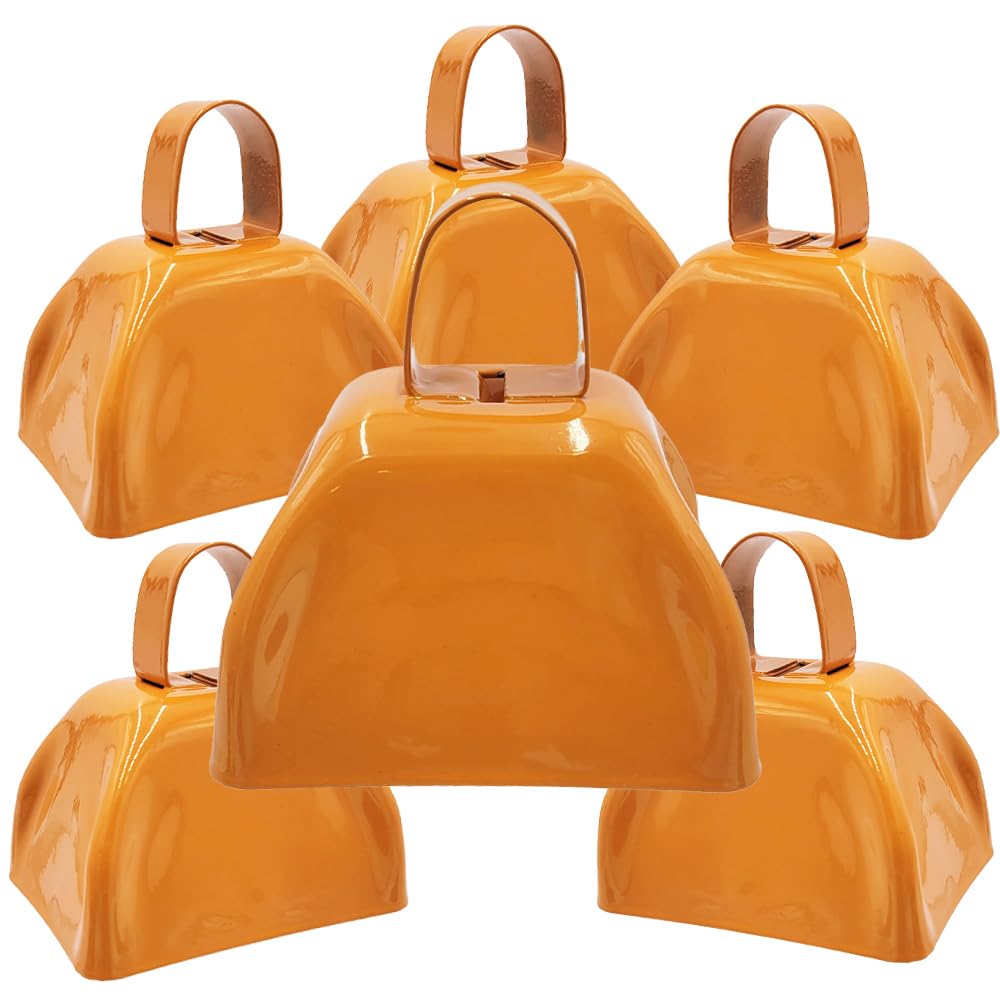 The Dreidel Company Metal Cowbell Noisemaker Cheering Bell, New Years, School Classroom, Wedding Bells & Chimes Percussion Musical Instruments Call Bell Alarm, 3" (Pack of 12) (Orange)