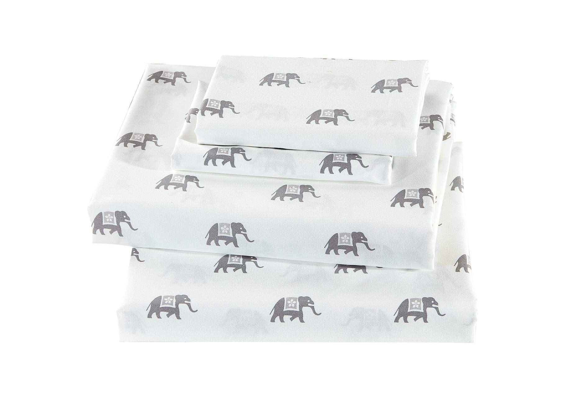 Linen Plus Sheet Set Elephant Grey/White Elephants Flat Sheet Fitted Sheet and Pillow Case Twin Size New