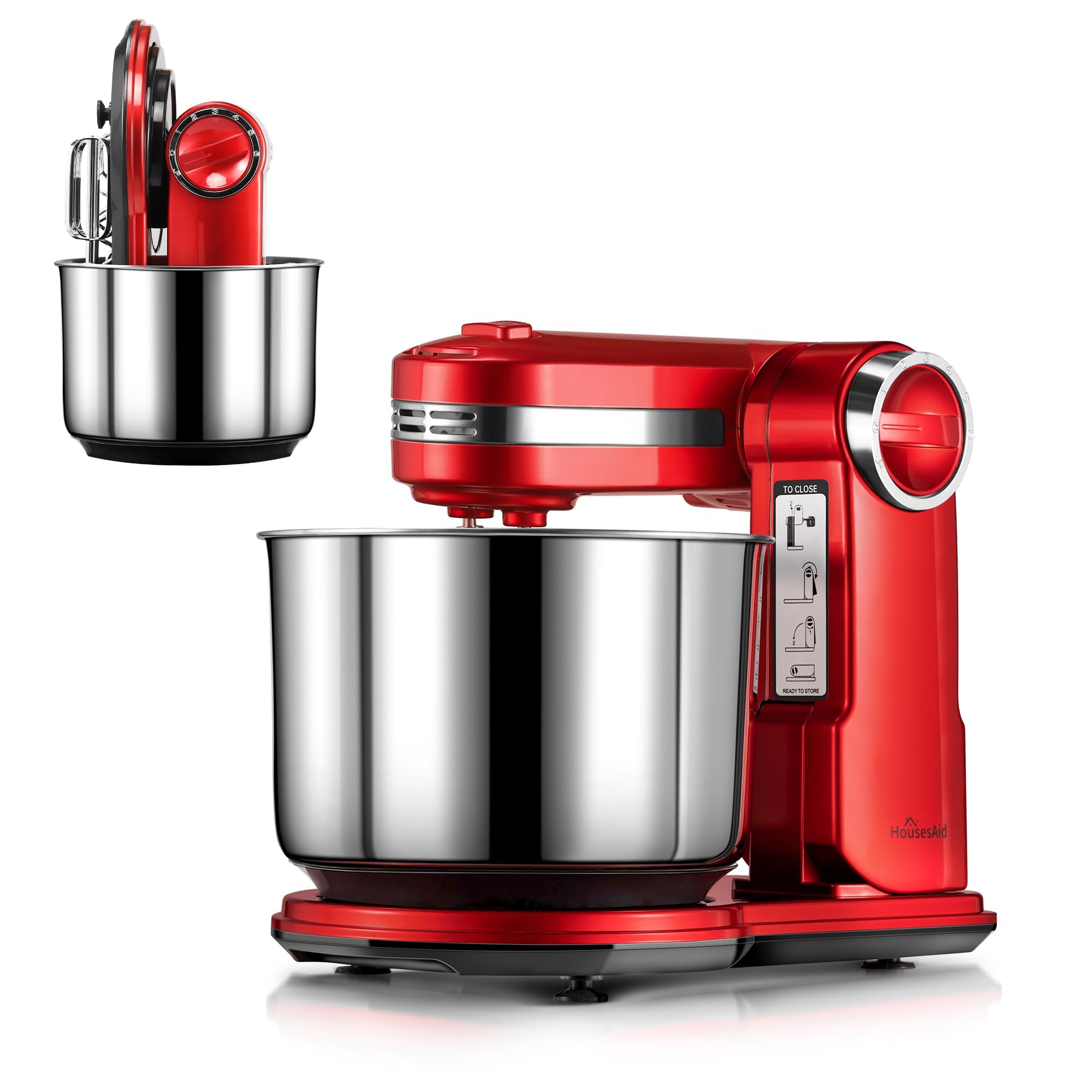 HousesAid Foldable Stand Mixer, 3.7QT Electric Kitchen Mixer, 6 Speeds with Dough Hook & Beater, Space-Saving Design for Small Kitchen, Ideal for Baking & Daily Use, Red