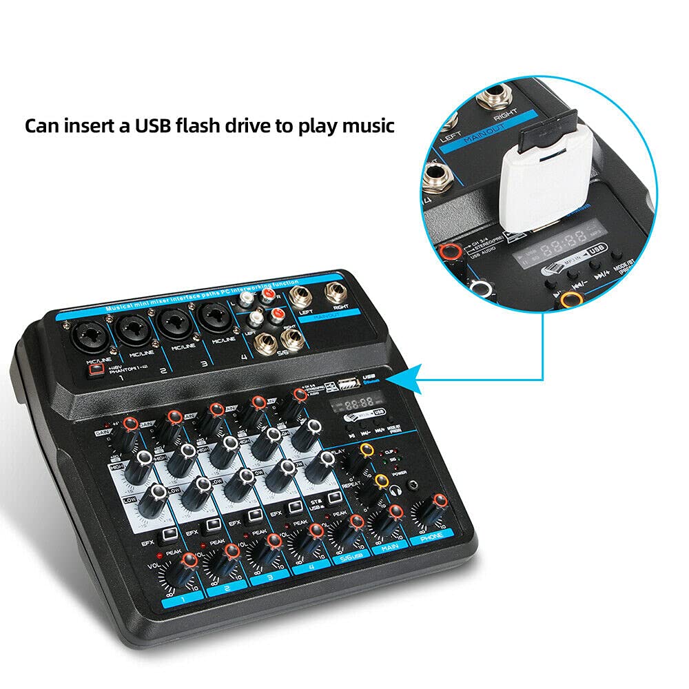 CNCEST Professional Live Mixing Studio Audio Sound Mixer Console USB Audio110V(6 Channel), black