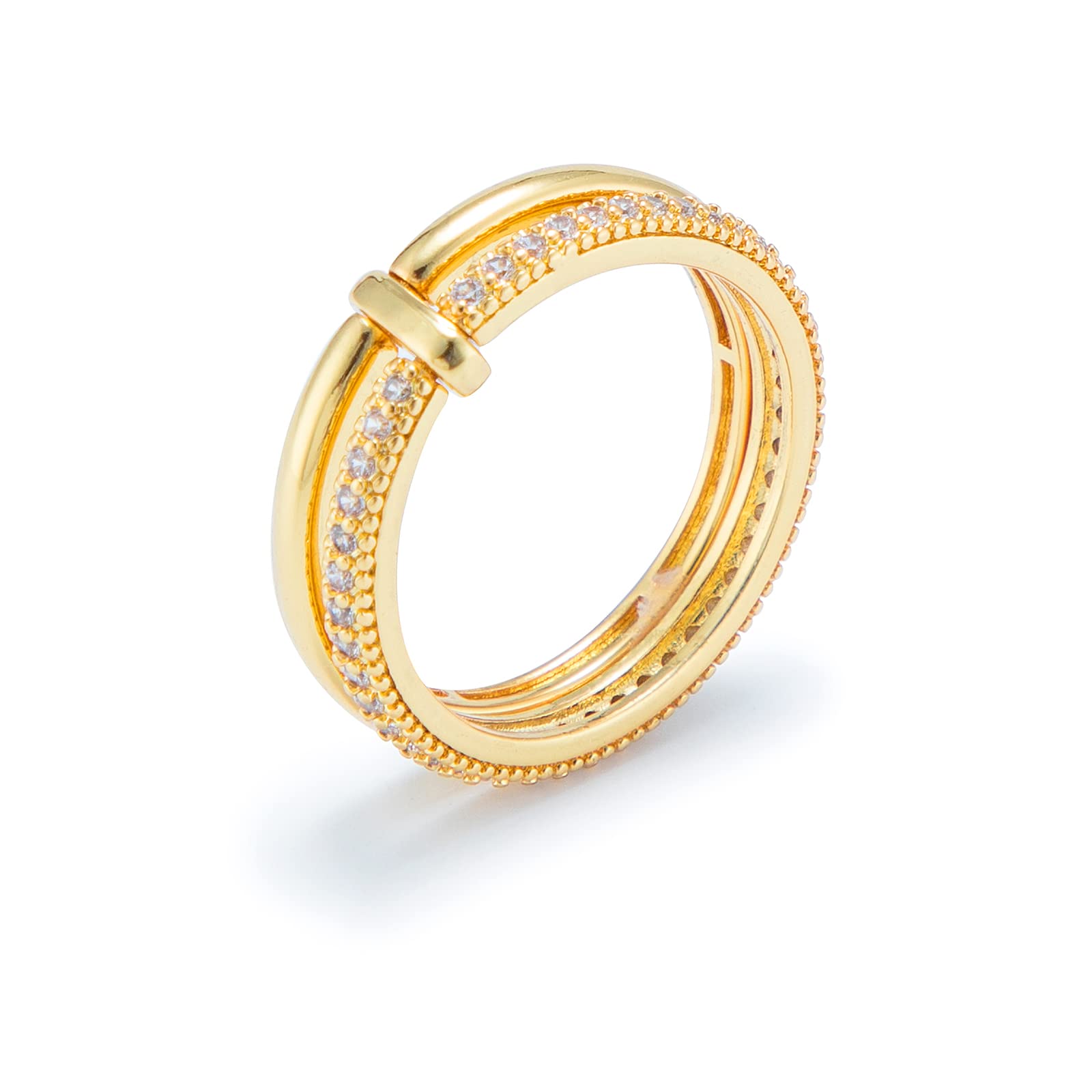 CNLPRE 18k Gold Plated Sparkling Double Round Ring for Women with Cubic Zirconia Simple Promise Anniversary Statement Ring Only One Size