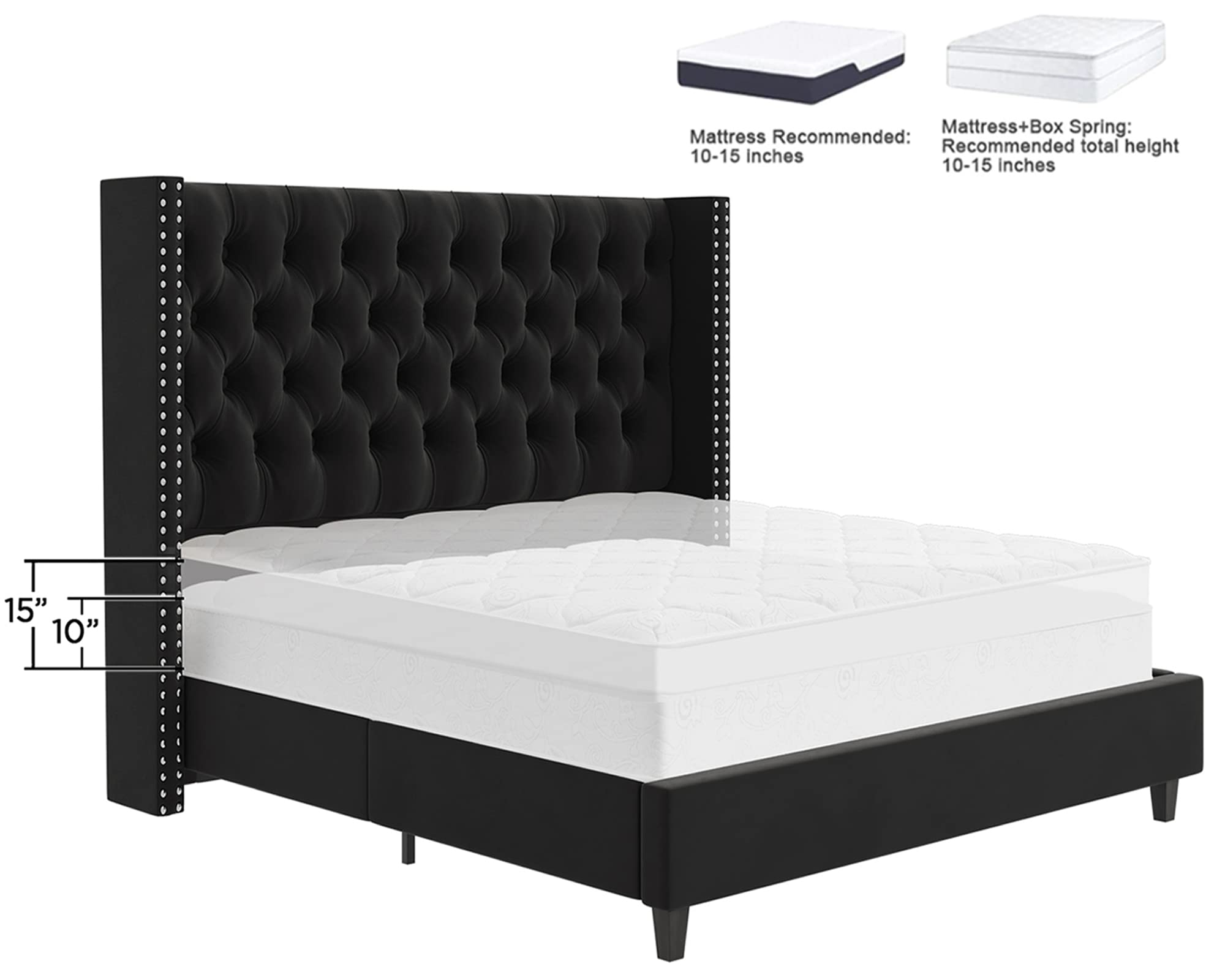 Jocisland Queen Bed Frame Wingback Headboard Upholstered Bed Velvet Tufted Deep Button/No Box Spring Needed/Easy Assembly/Black
