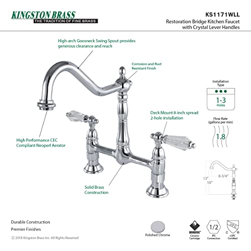 Kingston Brass KS1171WLL Wilshire Bridge Kitchen Faucet, 8-3/4" in Spout Reach, Polished Chrome