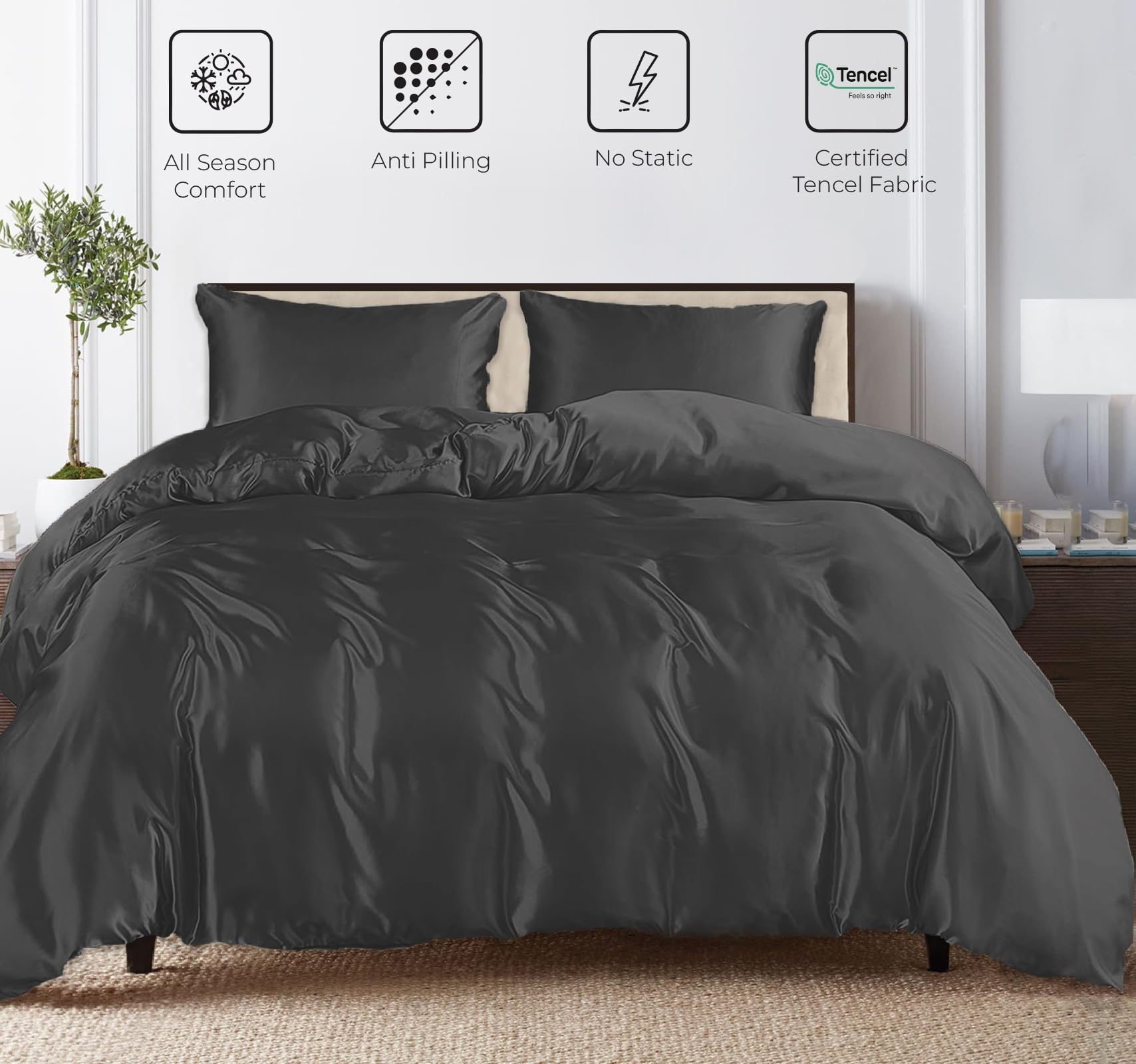Linenwalas Tencel Lyocell Duvet Cover Set with Deep Pocket Fitted Sheet, Viscose Made from Eucalyptus Soft, Lightweight and Breathable Complete Bedding Set (Charcoal Grey, Full)