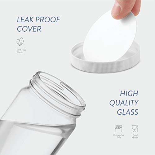 Travel Glass Drinking Bottle Jar 16 Ounce [12-Pack] Plastic Airtight Lids, Reusable Glass Water Bottle for Juicing, Smoothies, Kombucha, Tea, Milk Bottles, Homemade Beverages Bottle