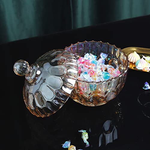Joeyan Amber Glass Candy Dish with Lid,Large Glass Covered Candy Jar,Decorative Candy Bowl,Embossed Glass Canister for Cookies Nuts Chocolates,Home Wedding and Buffet Decoration Jars,34 oz
