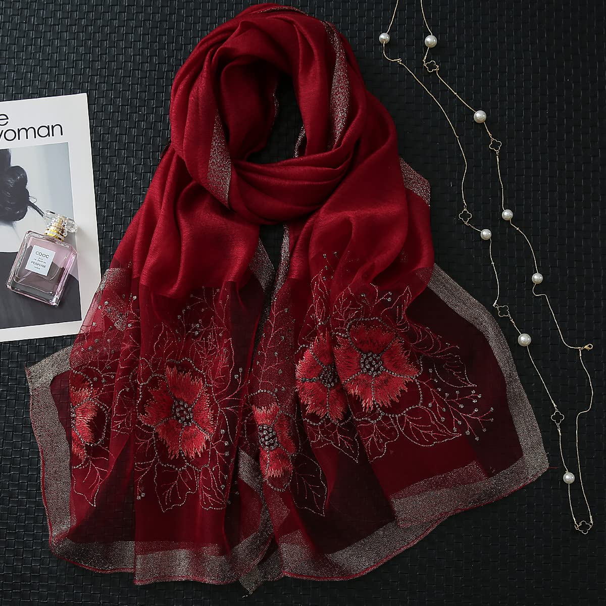 WINCESS YU Women Mulberry Silk Scarf Long & Large Embroidered Floral Pattern Shawl and Wraps Neckerchief for Hair & Neck (Sunflower Wine Red)