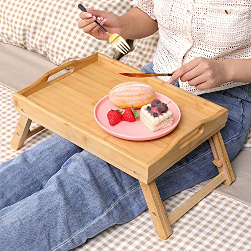 JESSILIN HOME 2 Pack Bamboo Bed Tray Table, Breakfast Tray with Folding Adjustable Legs, Food Tray with Handles, Whole Bamboo