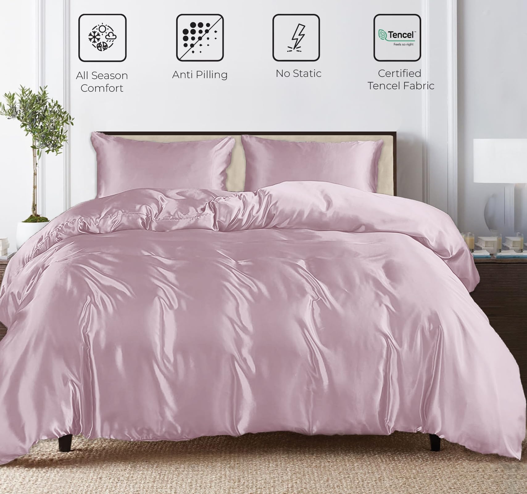 Linenwalas Tencel Lyocell Duvet Cover Set with Deep Pocket Fitted Sheet, Viscose Made from Eucalyptus Soft, Lightweight and Breathable Complete Bedding Set (Lilac, California King)